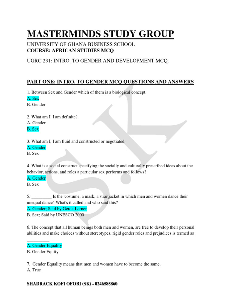 African Studies and Gen.&Dev. MCQ - Masterminds SK | PDF | Africa | Gender