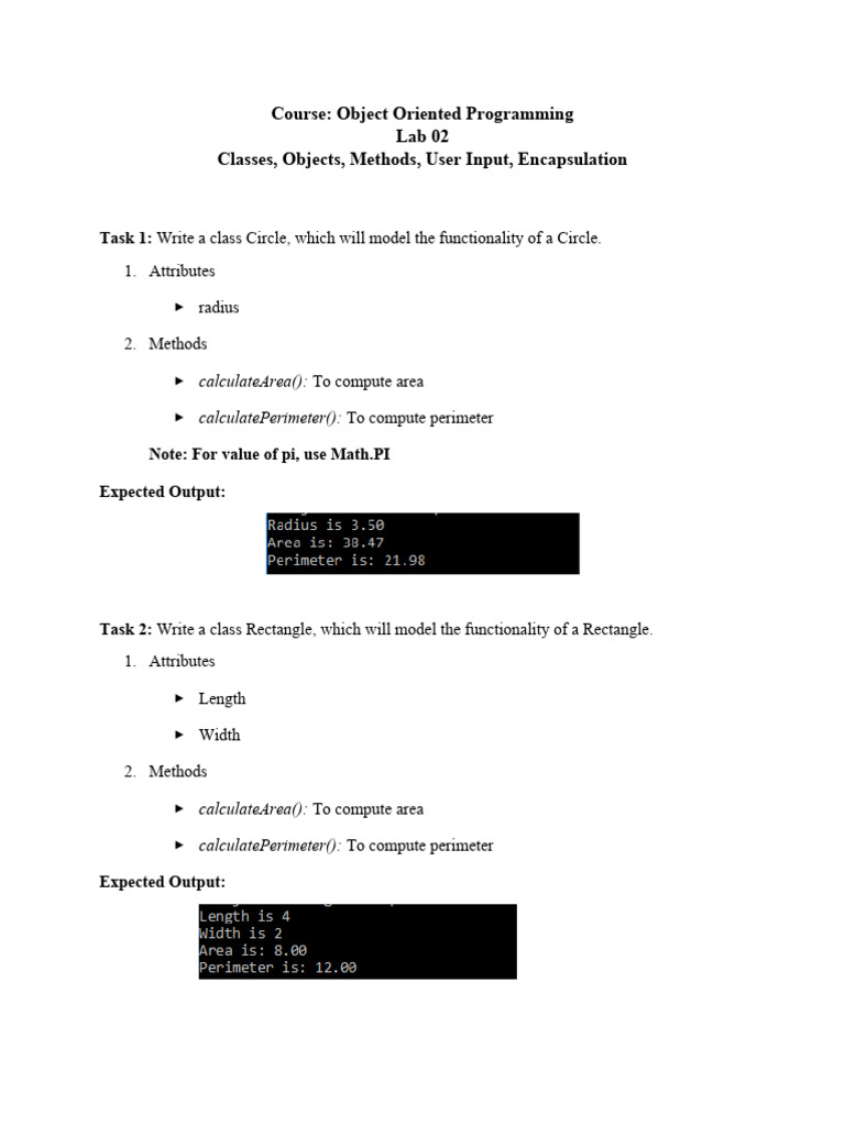 Lab 02 - Classes, Objects, Methods, User Input, Encapsulation | PDF Lab 02 - Classes, Objects, Methods, User Input, Encapsulation | PDF