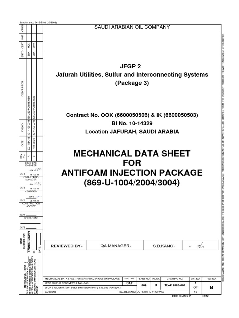 TE-419888-001 - 869-U-1004 - ANTIFOAM INJECTION PACKAGE - Rev.B | PDF ...
