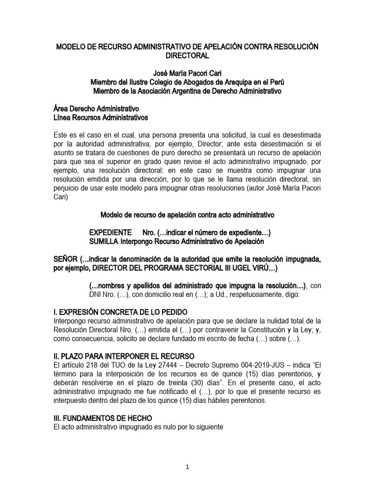 Modelo de Recurso Administrativo de Apelacion Contra Resolucion Directoral | PDF