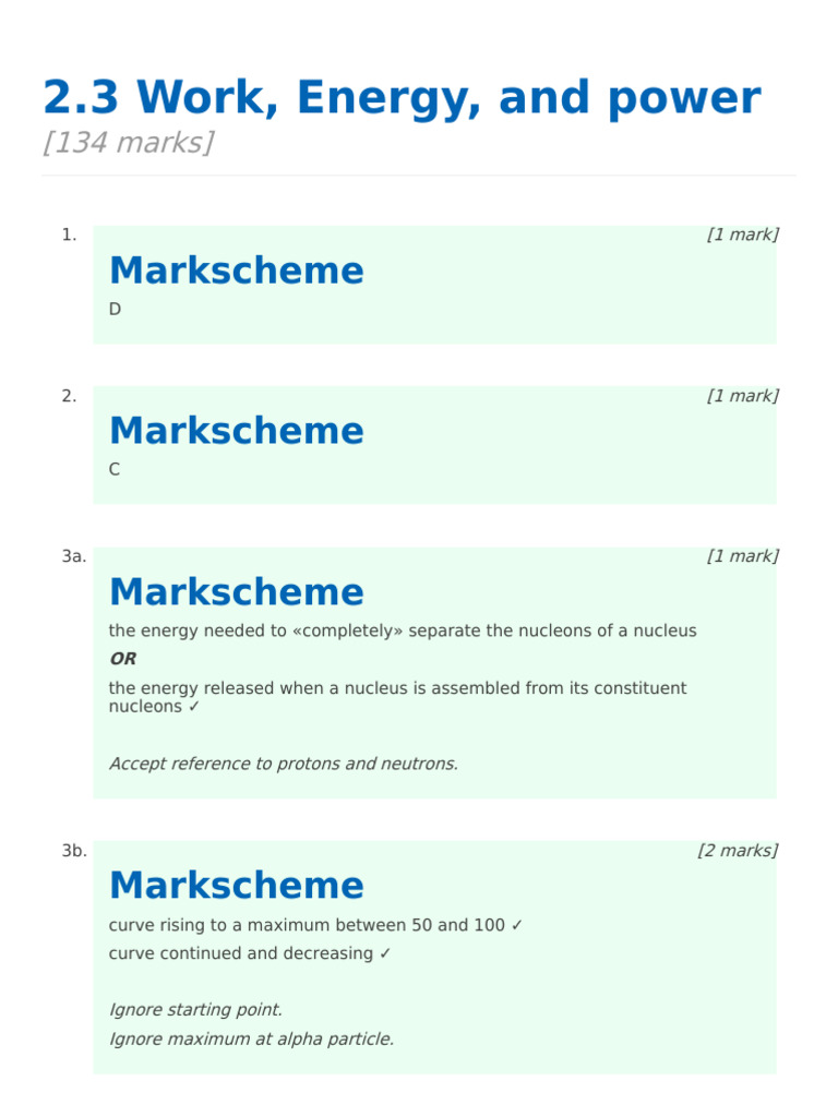 Work, Energy, and Power Markscheme | PDF | Atomic Nucleus | Physics