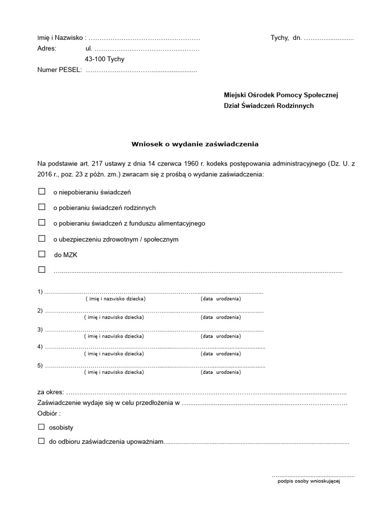 Wniosek o Wydanie Zaświadczenia | PDF