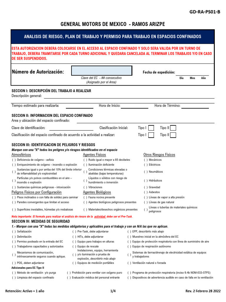 GD-RA-PS01-B Rev 2 Permiso Trabajo en EC | PDF | Oxígeno | Ventilación ...