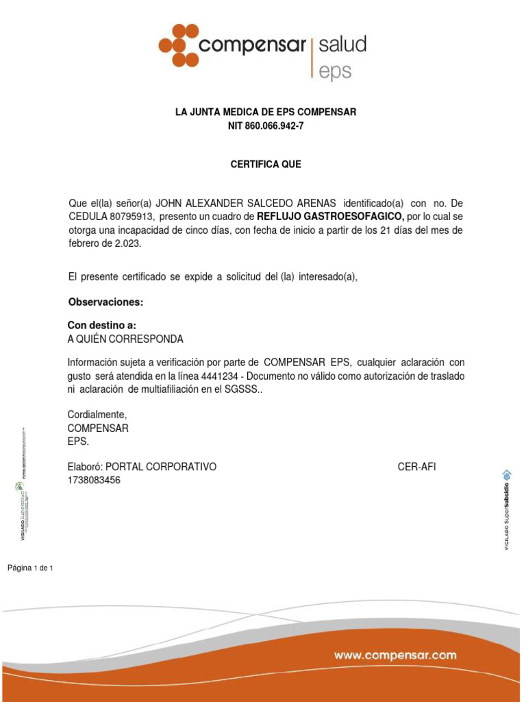 INCAPACIDAD COMPENSAR | PDF