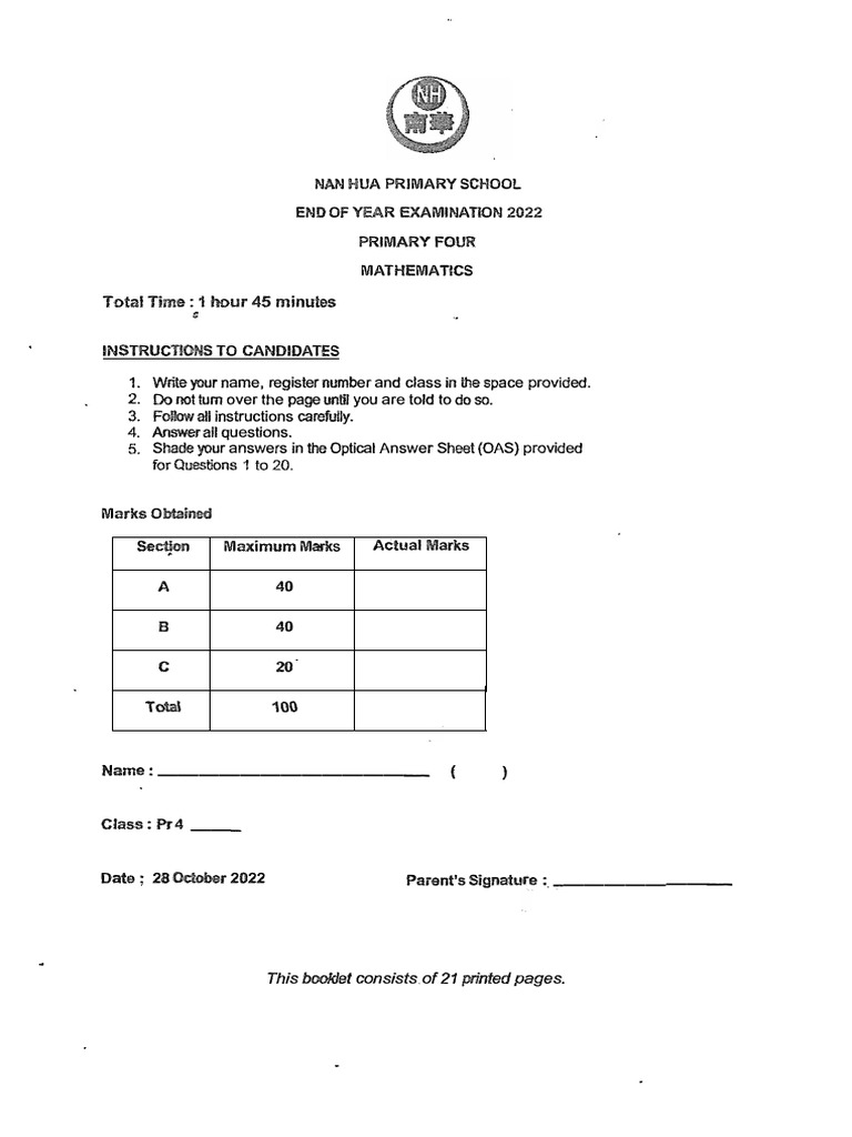 P4 Maths EOY 2022 NanHua Exam Papers | PDF | Teaching Methods & Materials