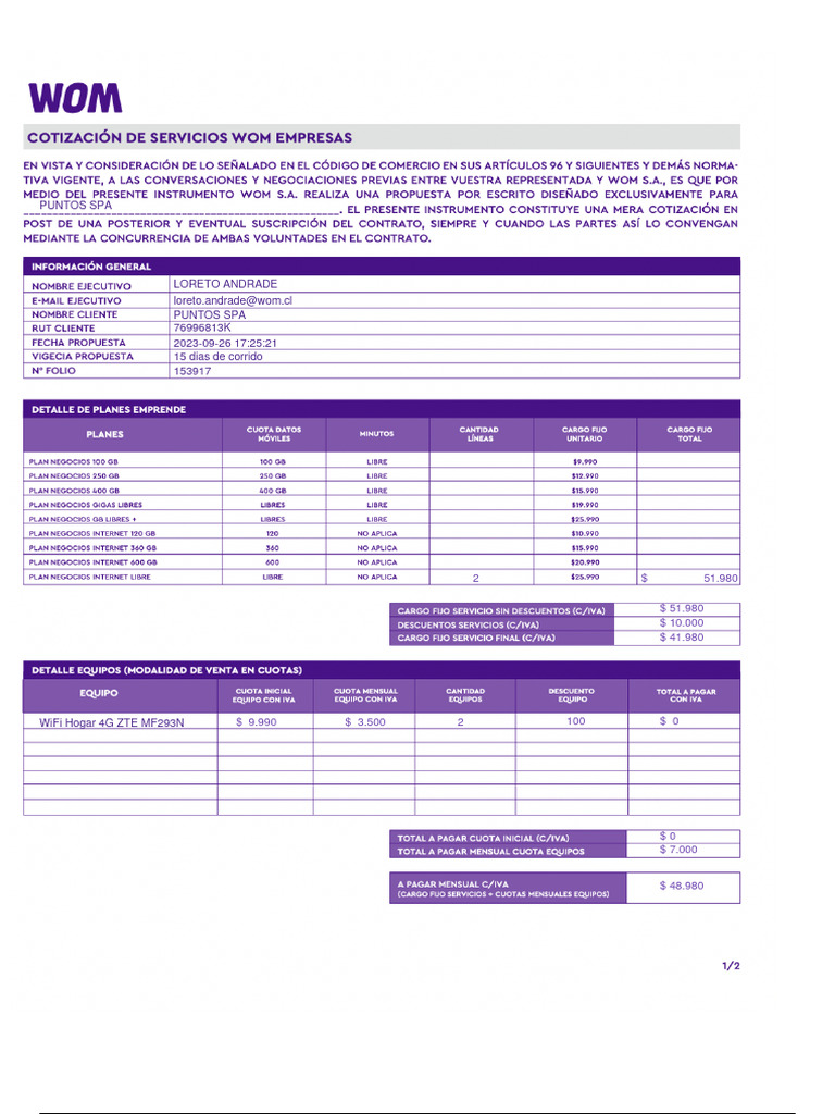 Cotizacion BAM Wom | PDF