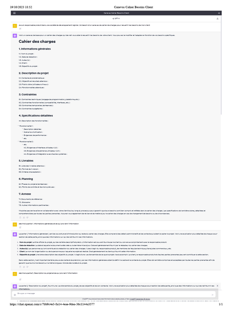 Canevas Cahier Besoins Client Avec CHAT GPT | PDF | Génie logiciel | Informatique