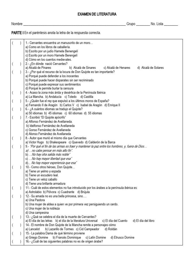 Examen Miguel Cervantes y El Quijote | PDF | Don Quijote | Miguel De ...