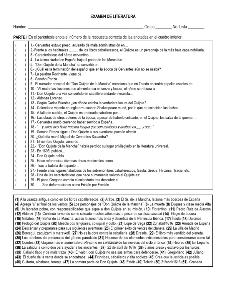 Examen Cervantes | PDF | Don Quijote | Miguel De Cervantes