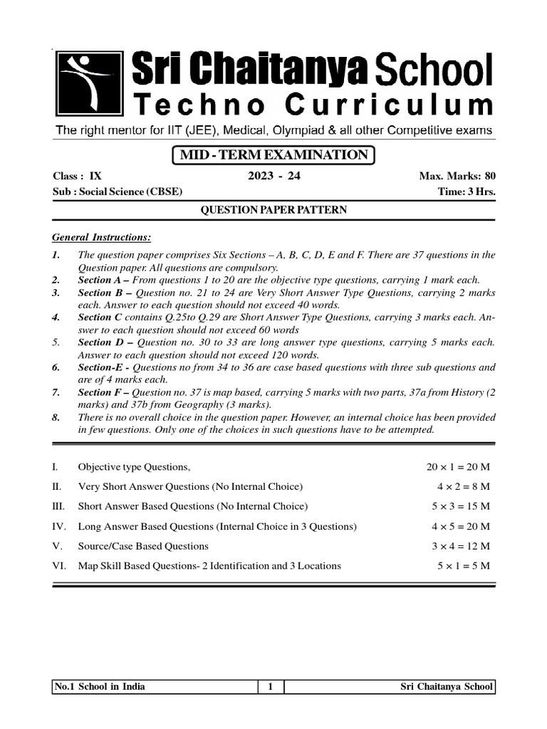 Social Science (CBSE) Class IX Mid Term QP Pattern (2023-24) 80 Marks | PDF