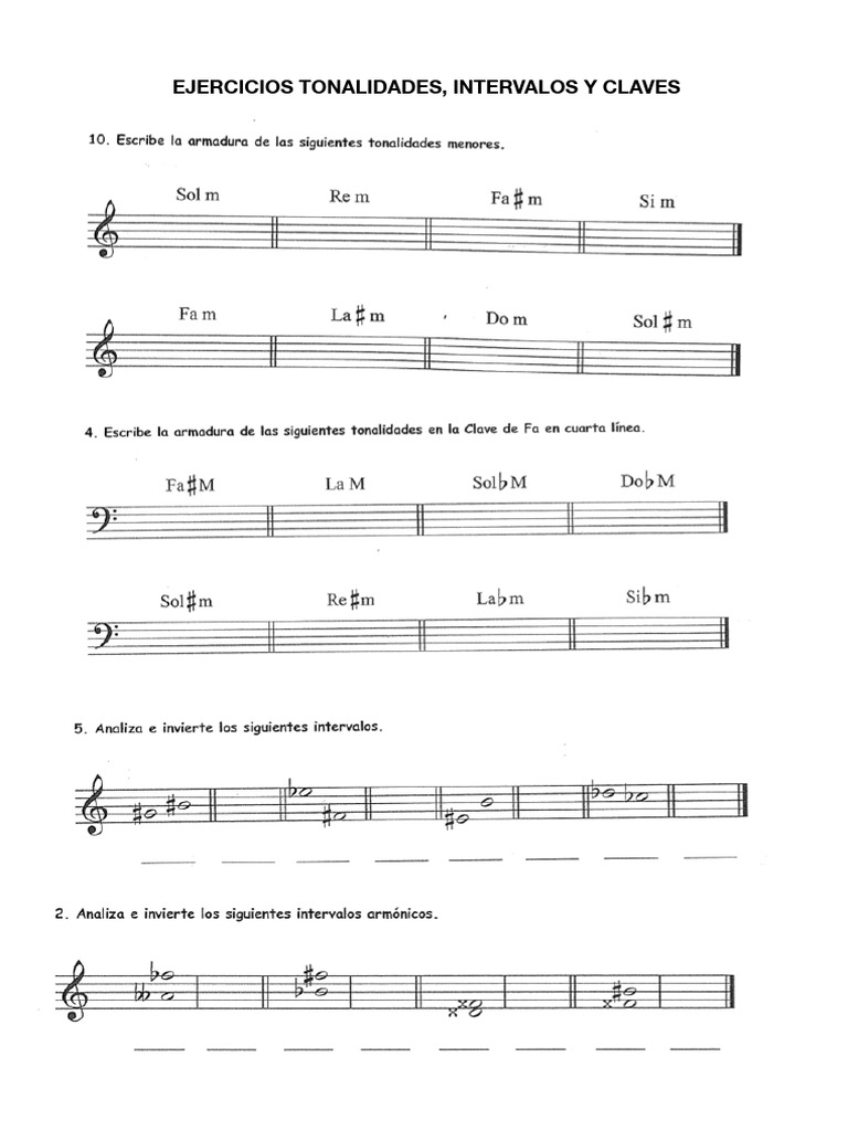 Ejercicios Intervalos, Tonalidades y Claves | PDF