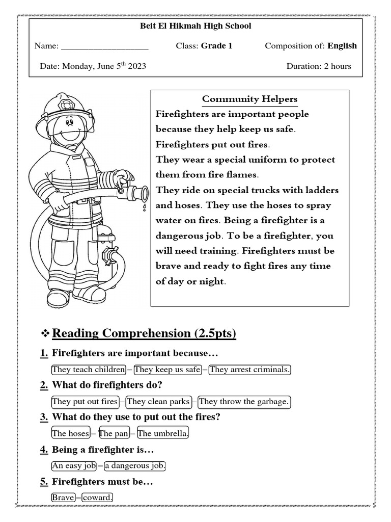 Final Exam Grade 1 Pdf Firefighter