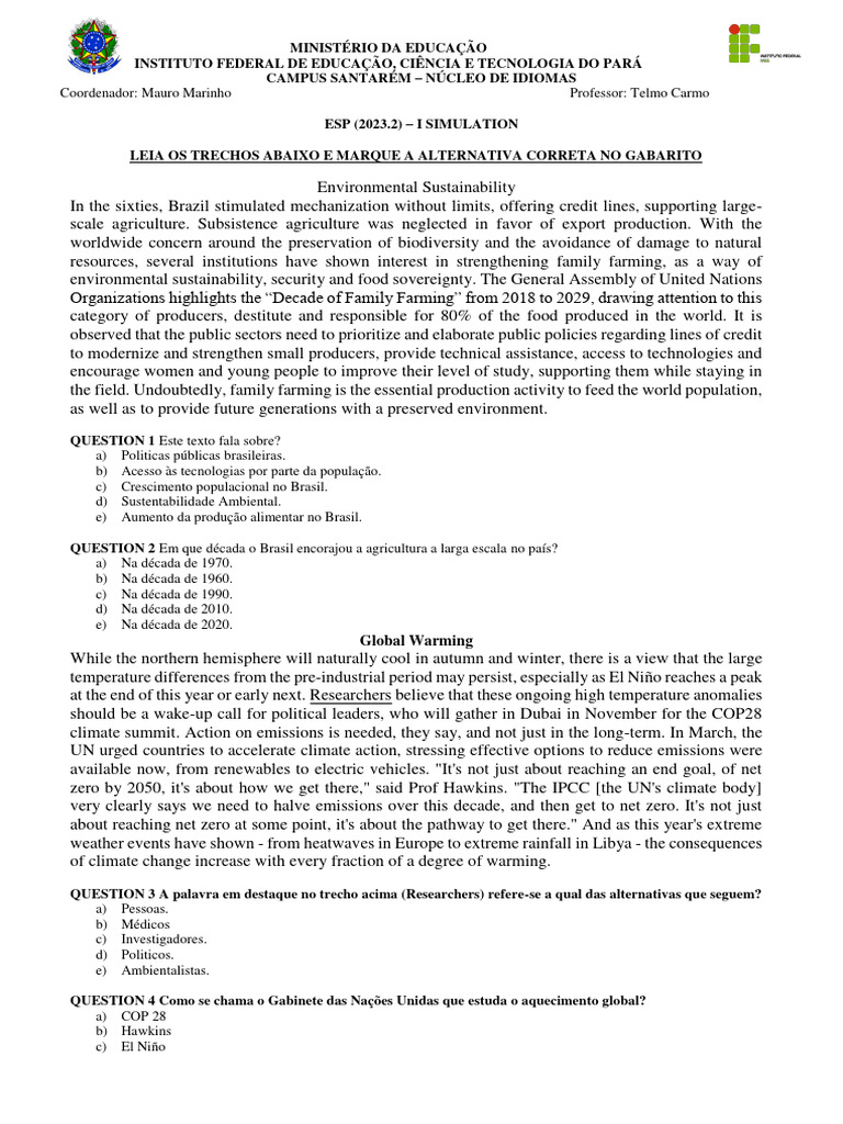 ESP Simulado Com Gabarito Pronto | PDF