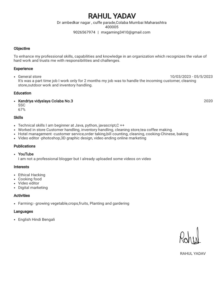 Resume of Rahul Yadav - Skills & Experience | PDF