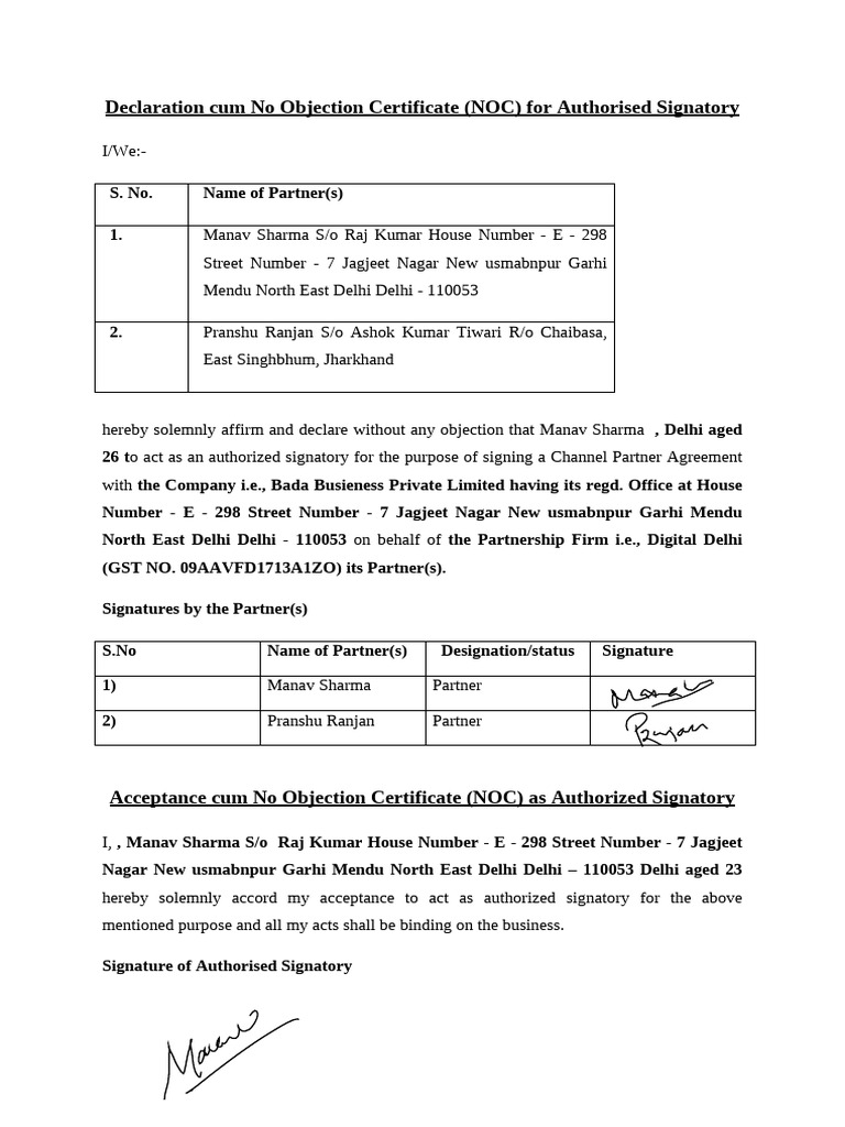 Declaration For Authorised Signatory | PDF