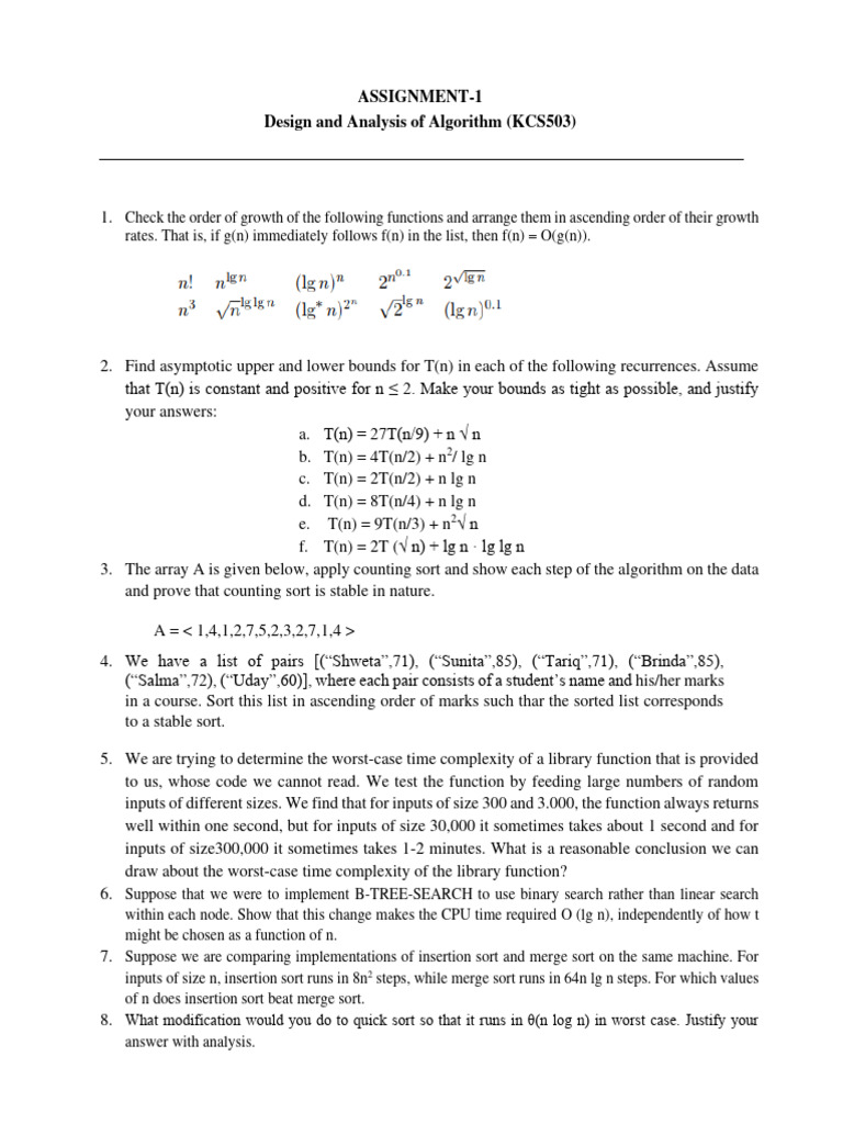 Assignment-1 Daa KCS503 | PDF | Time Complexity | Mathematical Logic