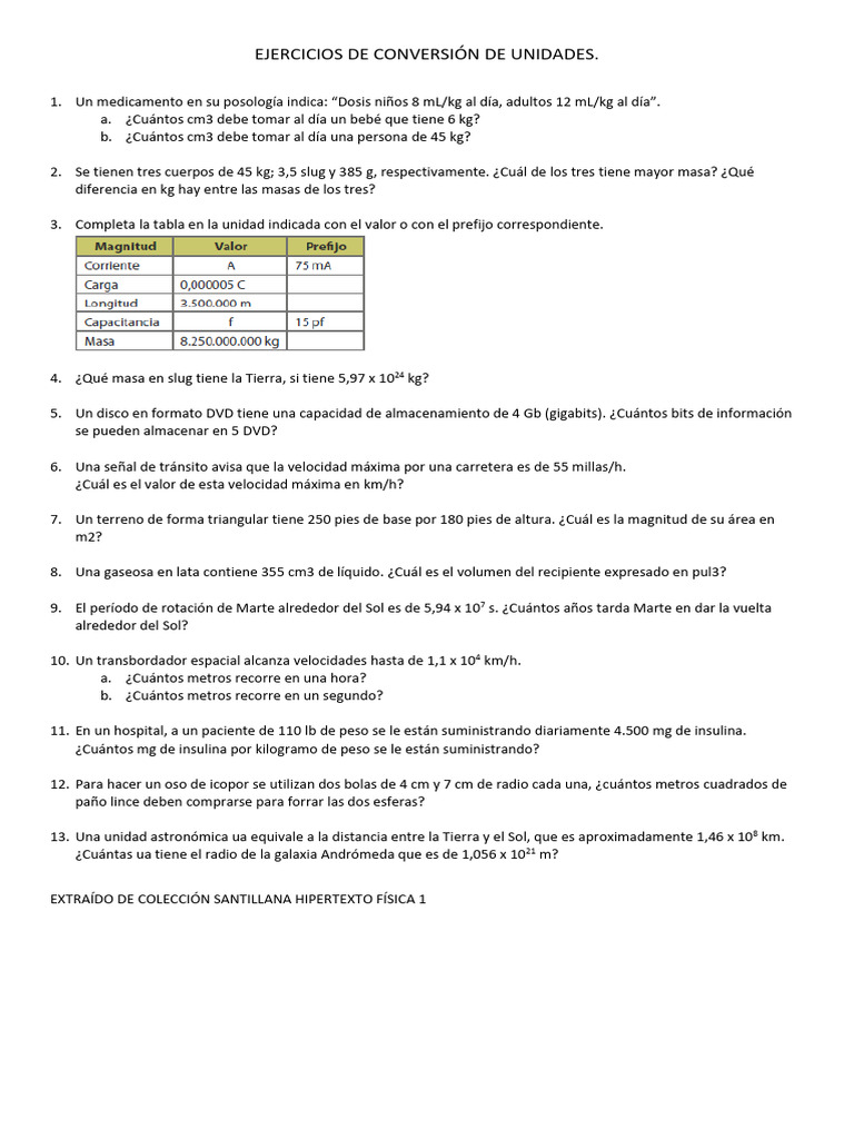 EJERCICIOS DE CONVERSIÓN DE UNIDADES | PDF