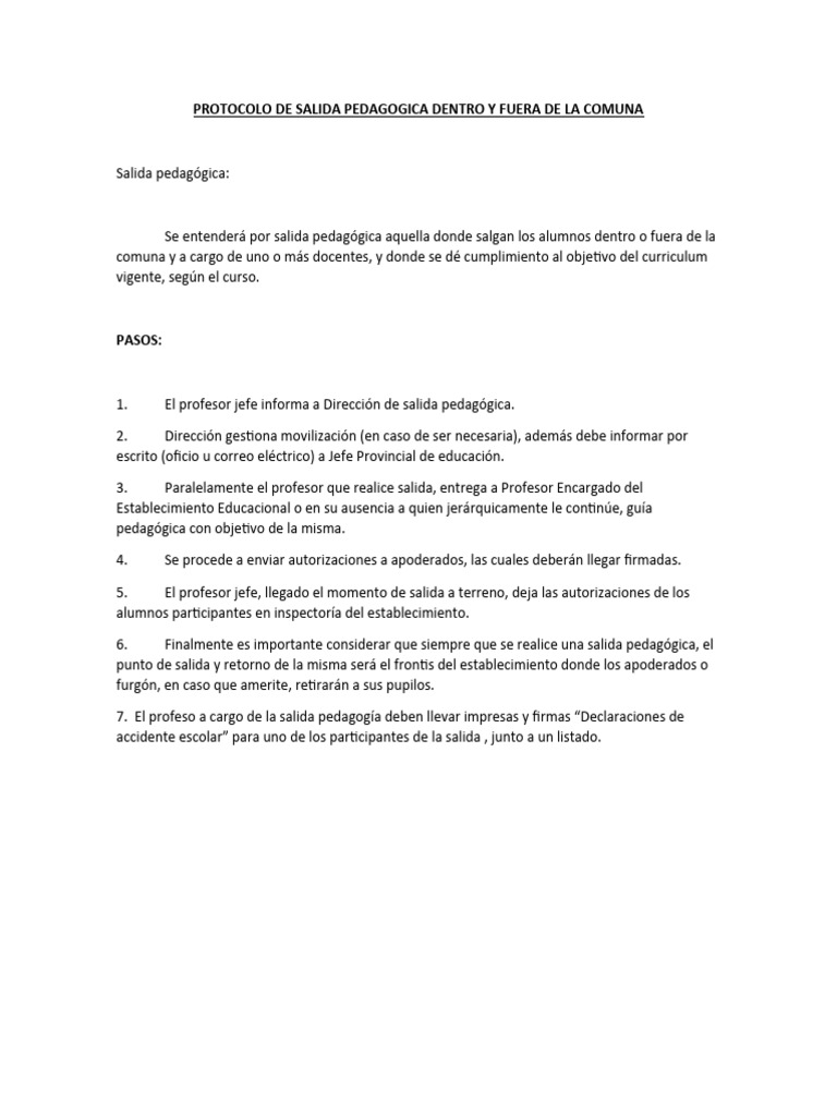 Protocolo de Salida Pedagogica Dentro y Fuera de La Comuna | PDF