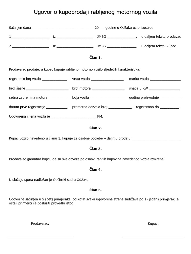 Ugovor o Kupoprodaji Rabljenog Motornog Vozila | PDF