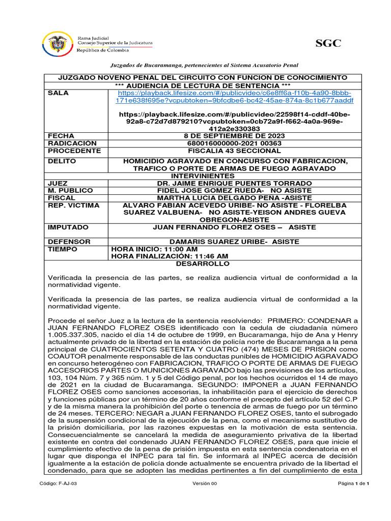 Sentencia por Homicidio en Bucaramanga | PDF | Sentencia (ley) | Castigos