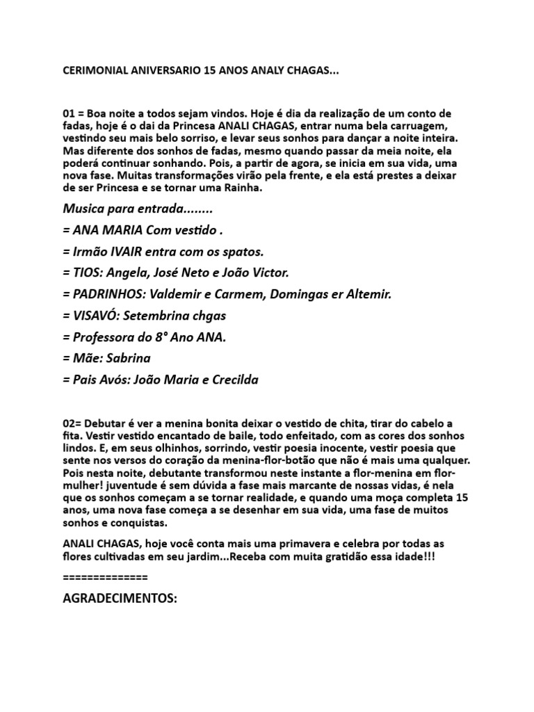 CERIMONIAL ANALY CHAGAS 15 ANOS Pronto-1 | PDF