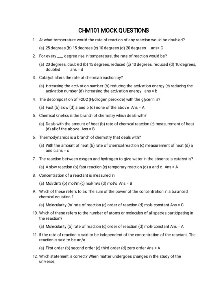 CHE 101 - Mock Questions and Answers | PDF | Chemistry | Physical Chemistry