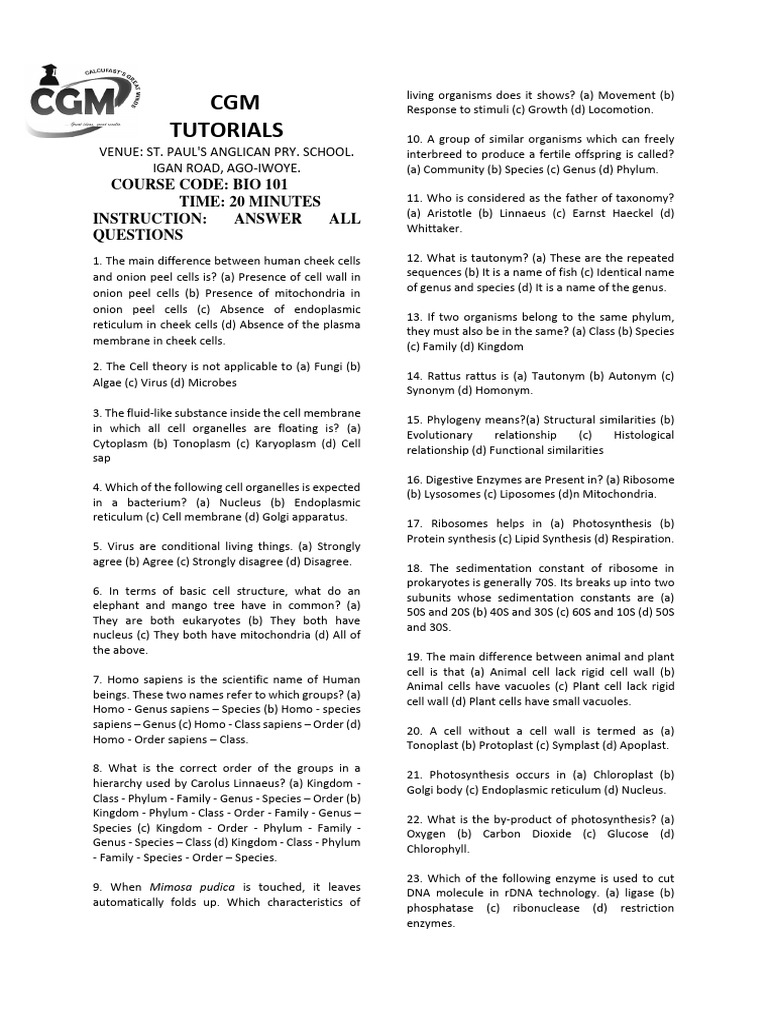 Bio 101 Questions CGM | PDF