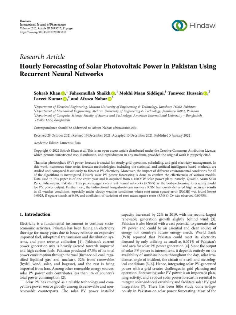 Hourly Forecasting of Solar Photovoltaic | PDF | Solar Power ...