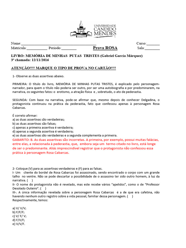 Gabarito 3a Chamada Memoria Prova ROSA | PDF | Narrativa | Amor