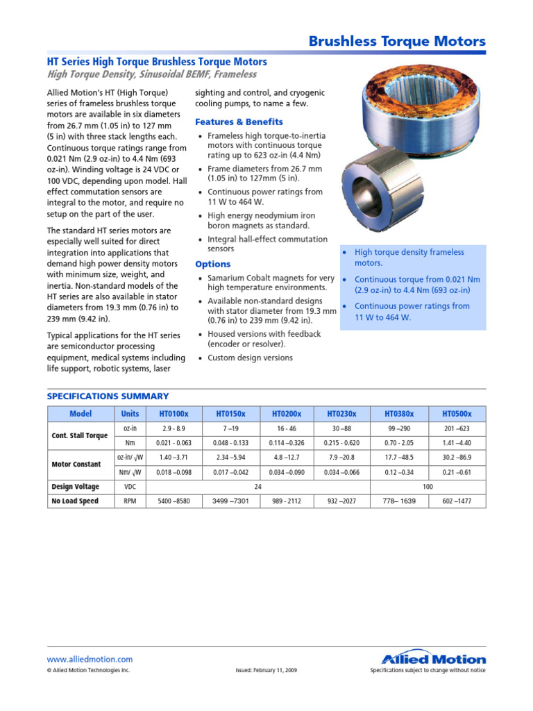 HT Series Frameless Torque Motors Datasheet | PDF | Electric Motor ...