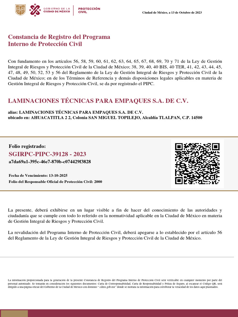 Constancia de Registro Del Programa Interno de Protección Civil | PDF