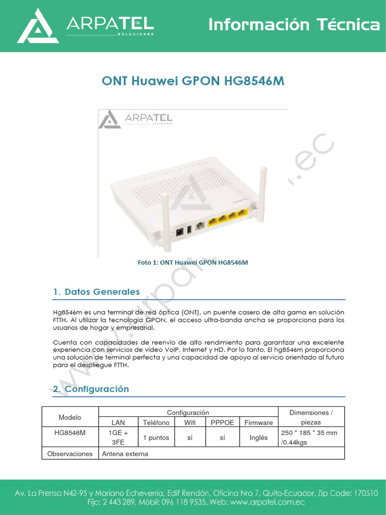Arpatel ONT Huawei GPON HG8546M | PDF | Informática | Telecomunicaciones