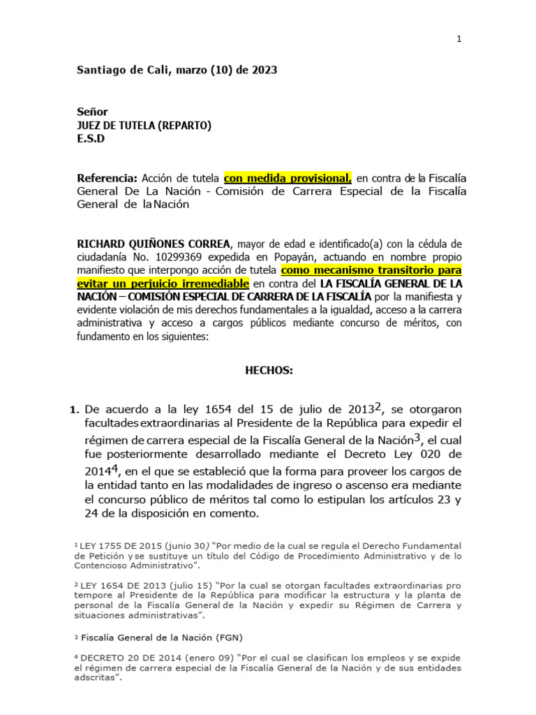 Escrito Tutela Richard Quinones Correa 2023-03-10 | PDF | Gobierno ...