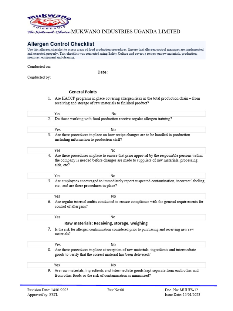 Allergen Checklist | PDF | Hygiene | Hand Washing