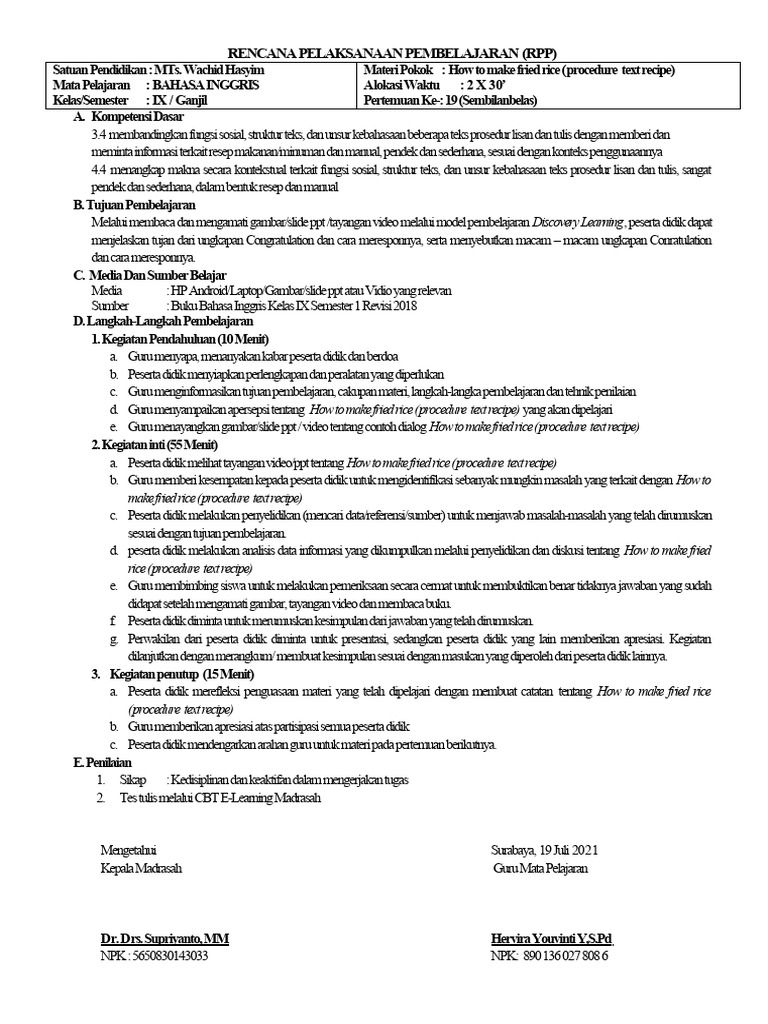 Chapter 4 RPP Kelas 9 S1 TP 2021-2022 | PDF