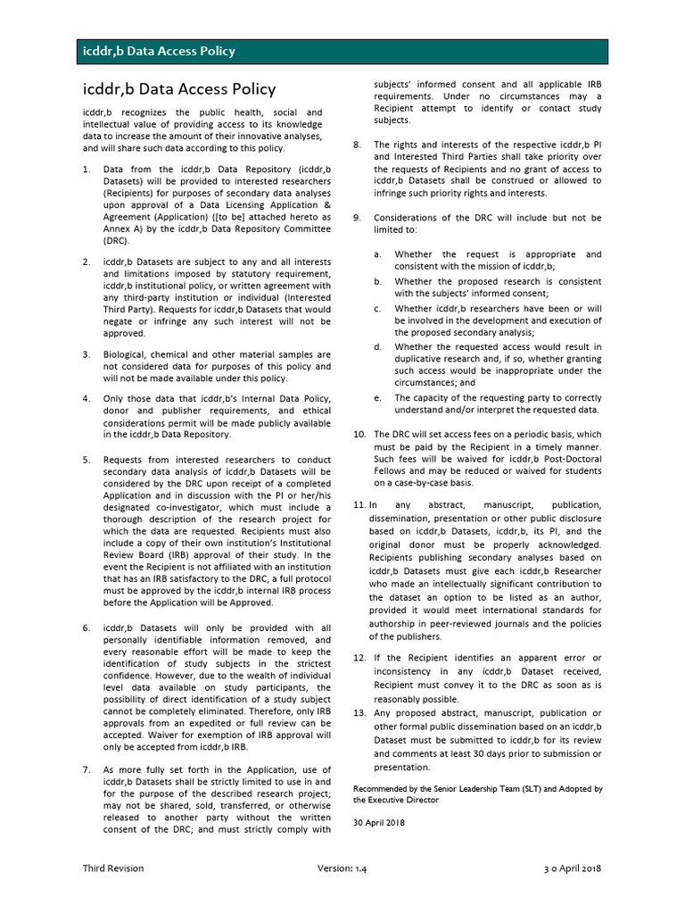 Icddrb Data Access Policy | PDF | Data | Institutional Review Board