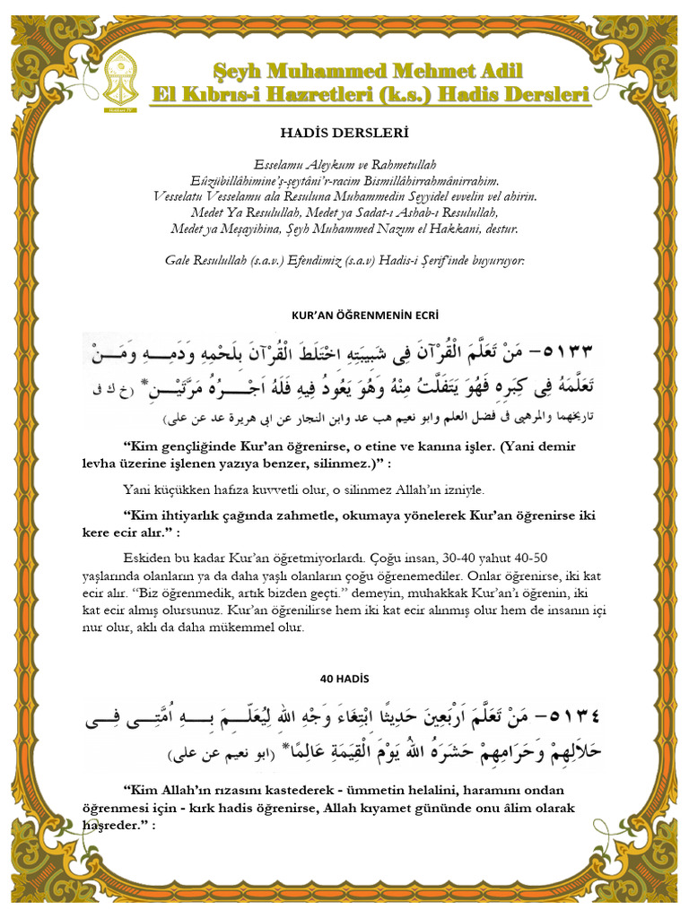 HADİS DERSLERİ. Gale Resulullah (s.a.v.) Efendimiz (s.a.v) Hadis-i Şerif inde buyuruyor_ (1) | PDF