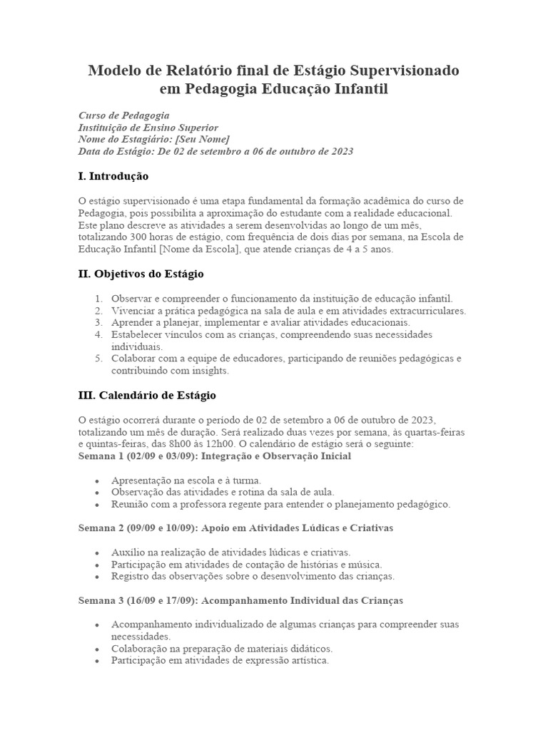 Modelo de Relatório final de Estágio Supervisionado em Pedagogia ...