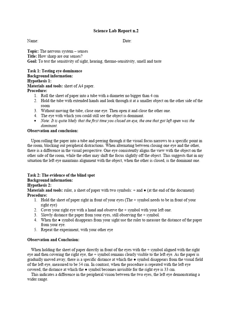 Lab Report The Nervous System - Senses | PDF