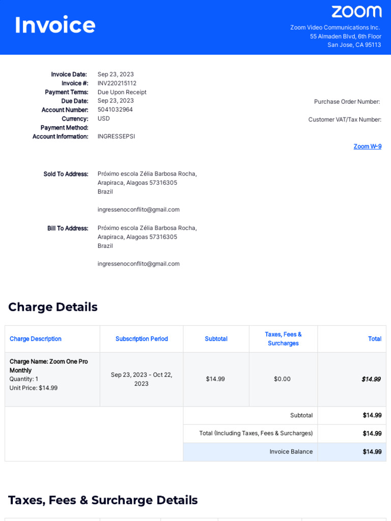 Zoom Invoice for Subscription | PDF