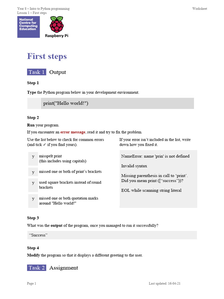 A2 Worksheet - First Steps | PDF