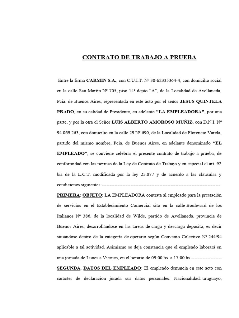 CONTRATO DE TRABAJO A PRUEBA | PDF | Derecho laboral | Justicia
