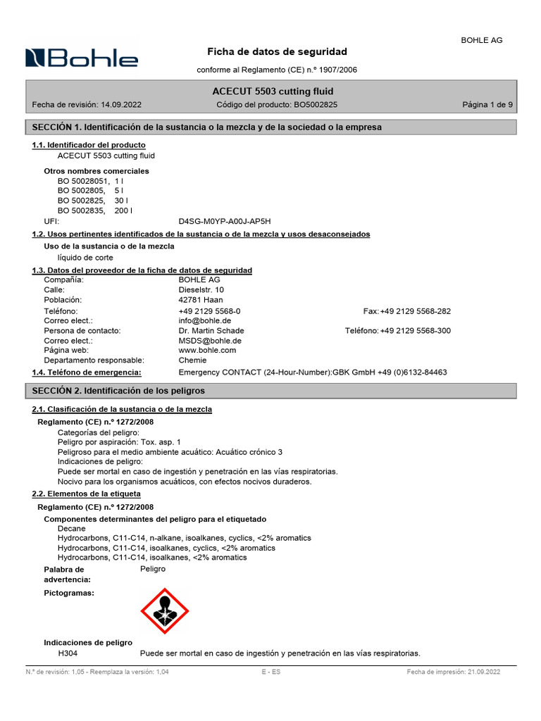 Ficha de Seguridad ACECUT 5503 | PDF | Agua | Residuos