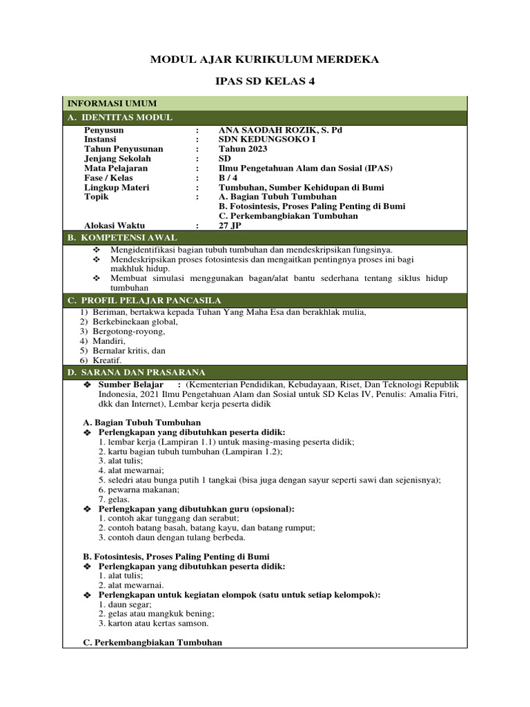 Poin A Modul Ajar Ipas k4 Bab 1 | PDF