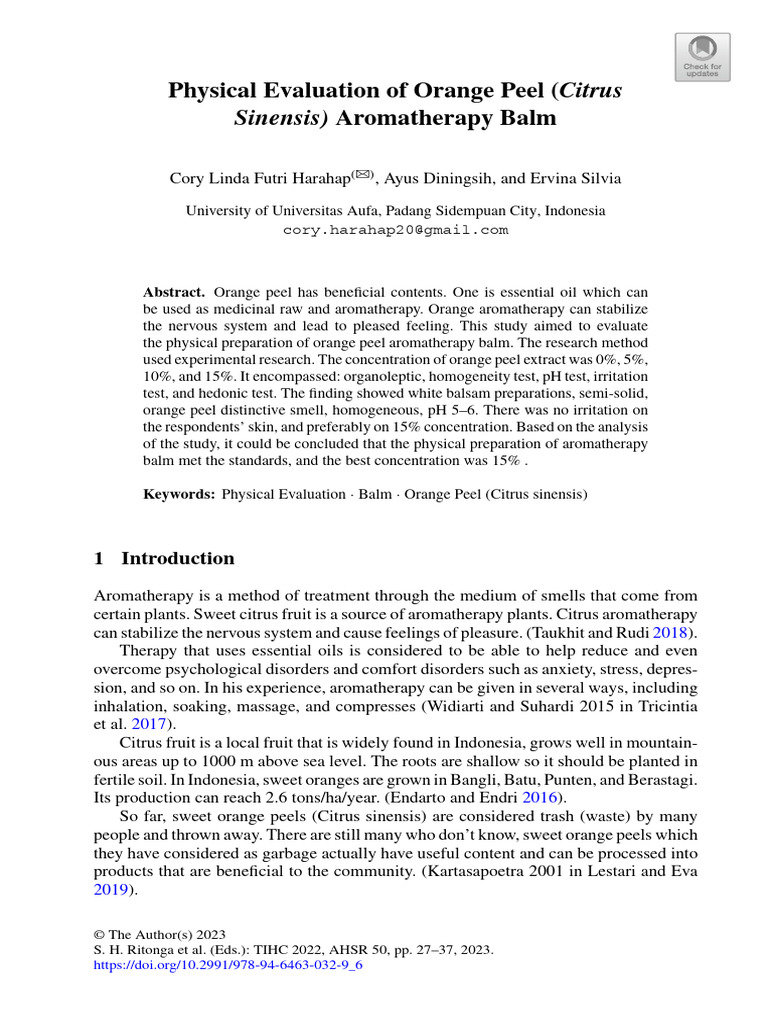 Physical Evaluation of Orange Peel (Citrus: Sinensis) Aromatherapy Balm ...