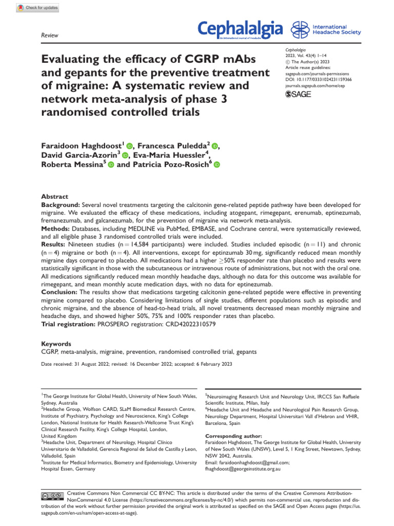 Haghdoost Et Al 2023 Evaluating The Efficacy of CGRP Mabs and Gepants ...