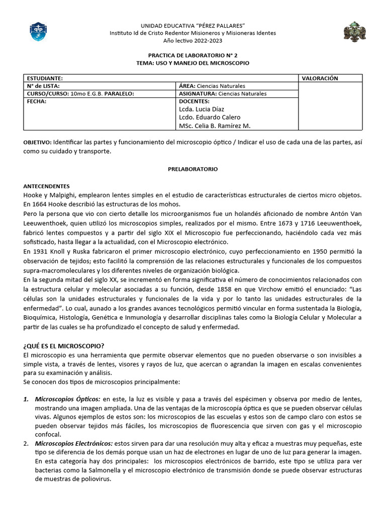 PRACTICA #2 - Uso Del Microscopio - 10mo EGB | PDF | Microscopio ...