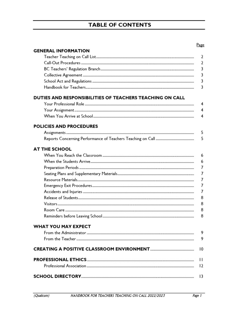Ttoc Handbook | PDF | Teachers | Classroom