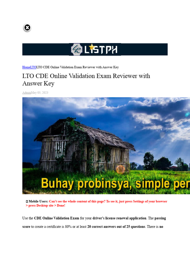 LTO CDE Online Validation Exam Reviewer With Answer Key | PDF