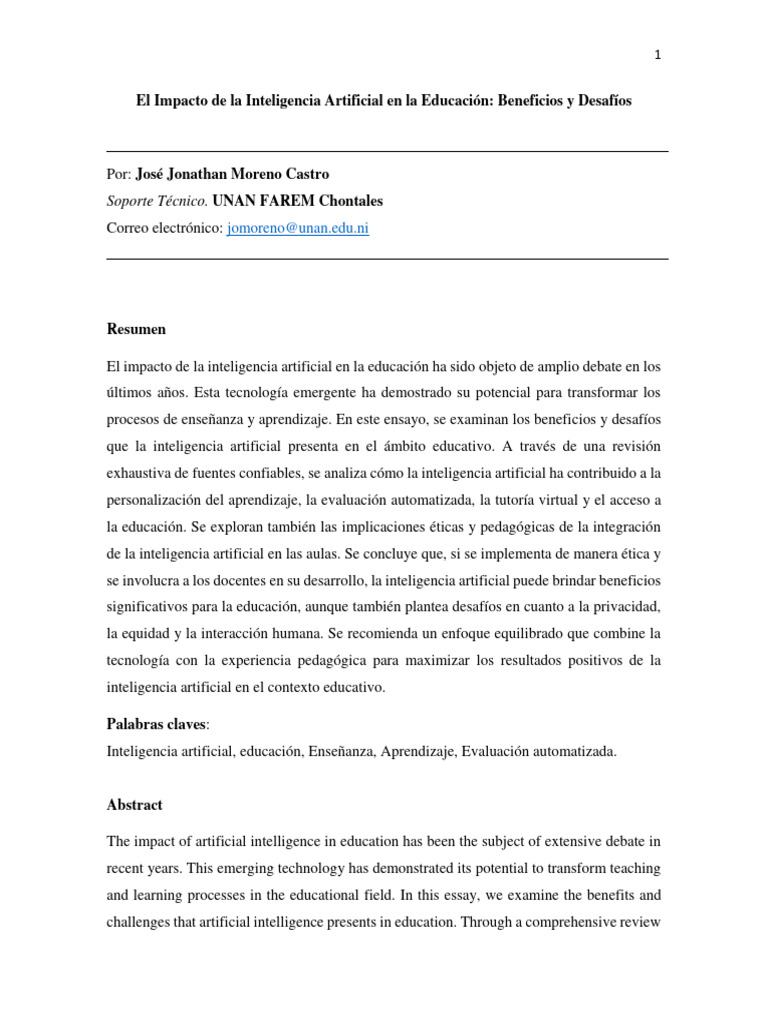 Ensayo Impacto de La Inteligencia Artificial en La Educación | PDF